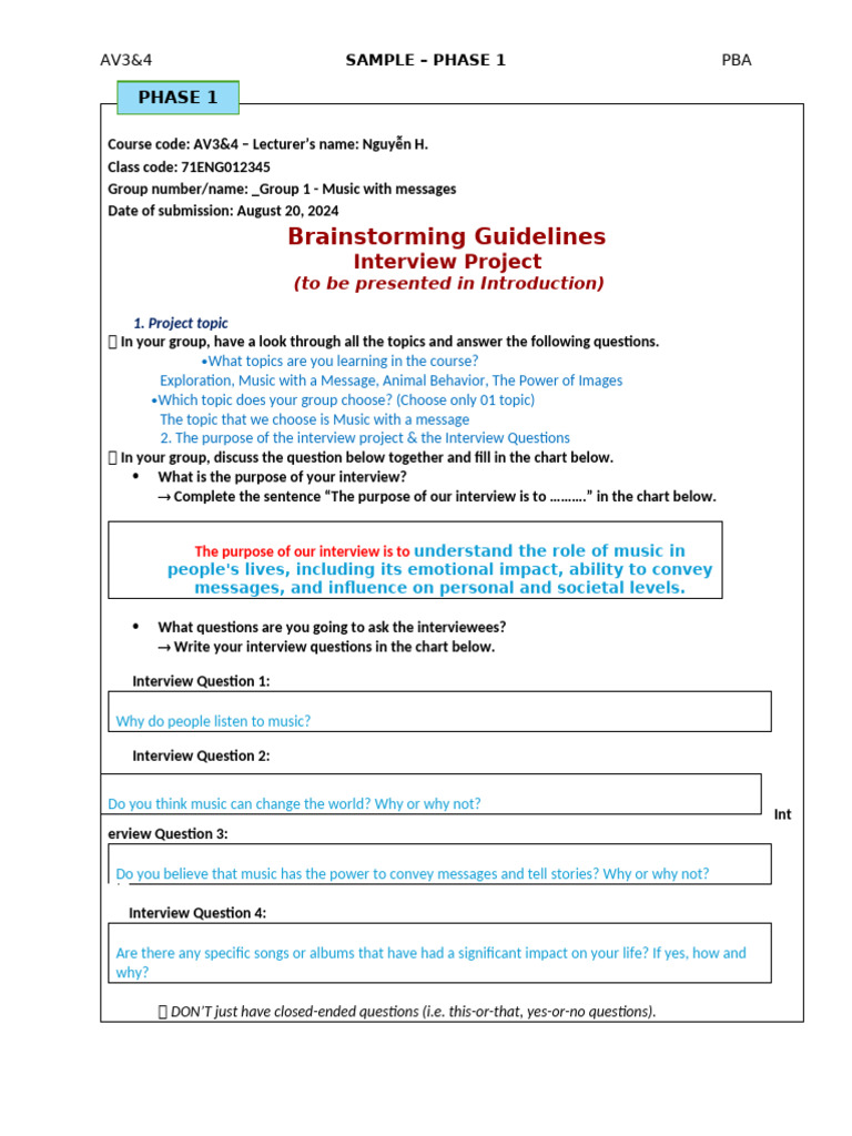 Anh Văn 3&4 - Sample PBA Manual - PHASE 1 - Brainstorming Guidelines | PDF | Communication ...