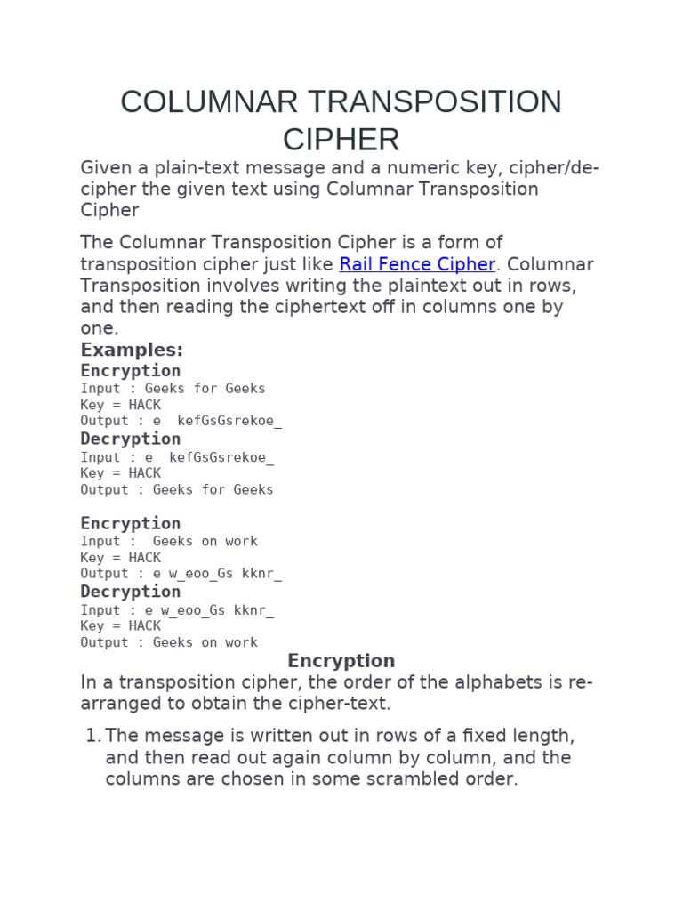 Columnar Transposition Cipher | PDF