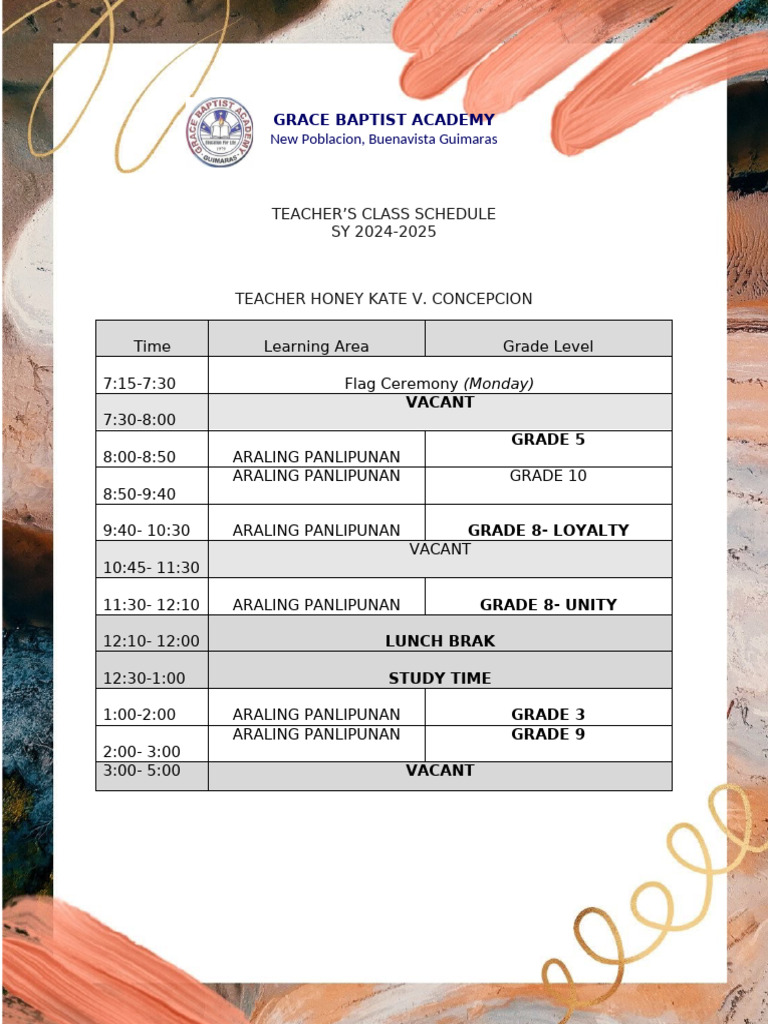 Teacher Class Schedule SY 2024-2025 | PDF