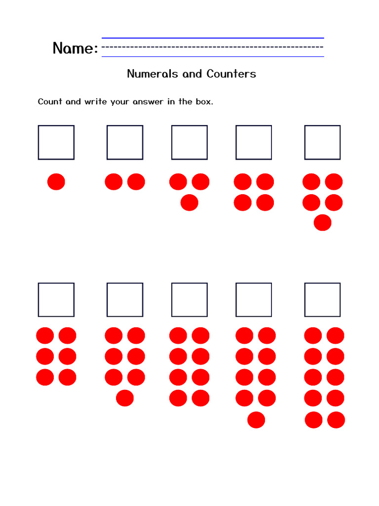 Red, Montessori Math, Numerals and Counters Worksheet | PDF