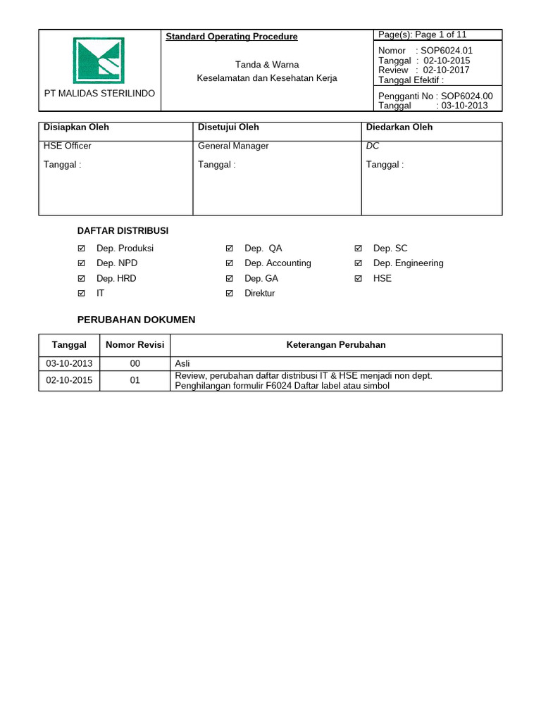 SOP6024.01 Tanda & Warna Keselamatan Dan Kesehatan Kerja | PDF