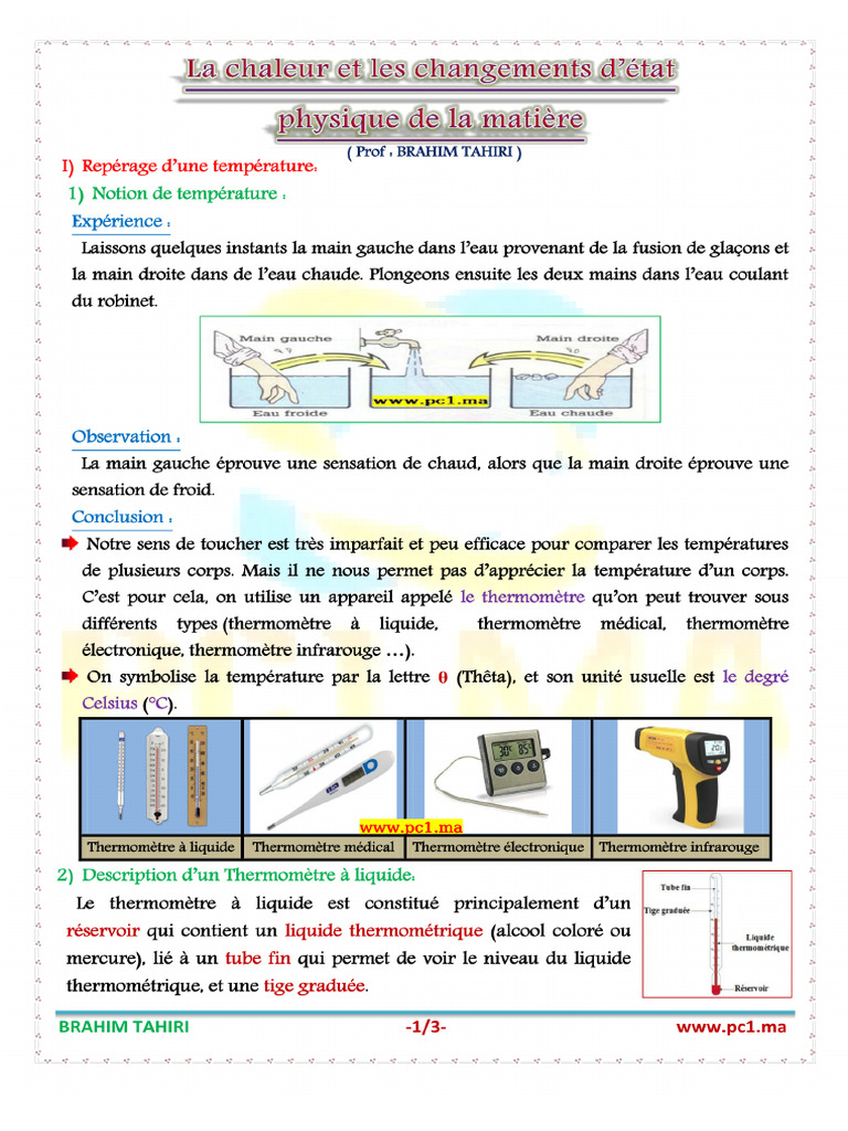La chaleur et les changements d'état physique de la matière- prof.TAHIRI (www.pc1.ma) | PDF