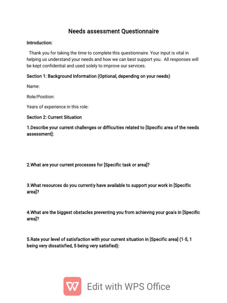 Needs Assessment Questionnaire | PDF