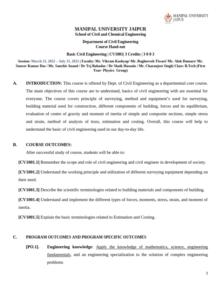 Course Handout - CV1001 - BCE | PDF | Engineering | Educational Assessment