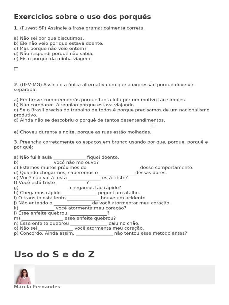 Exercícios Sobre o Uso Dos Porquês | PDF | Vogal | Ortografia