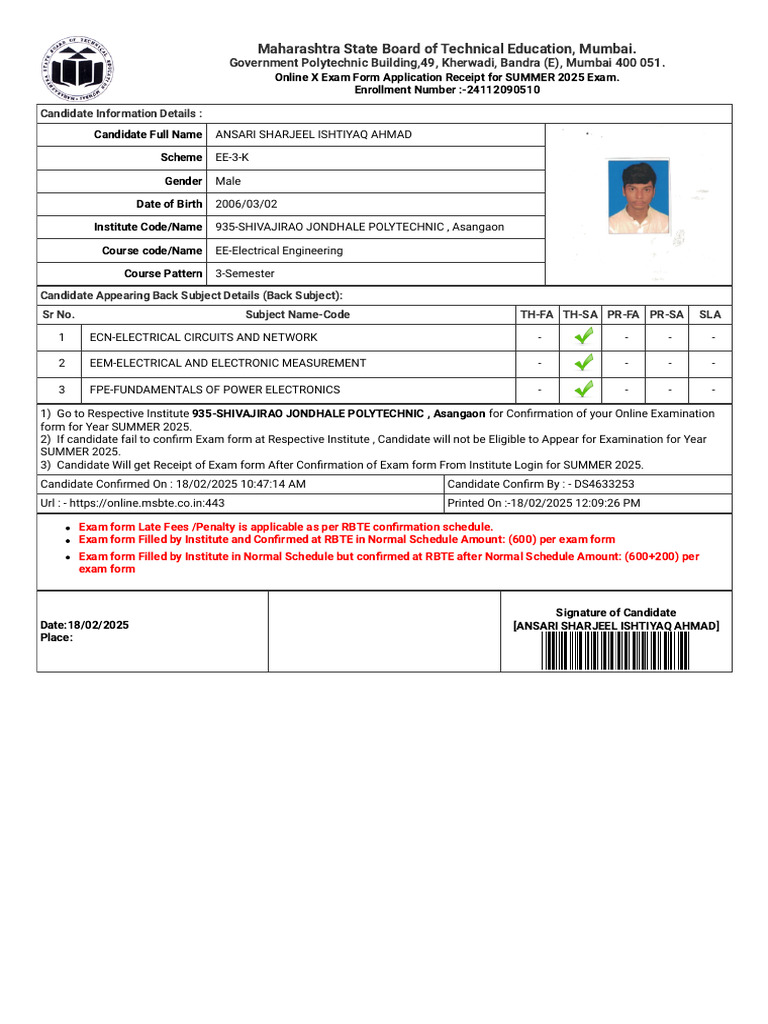 Exam Form Application of Candidate For DS4633253 | PDF | Educational Stages | Qualifications