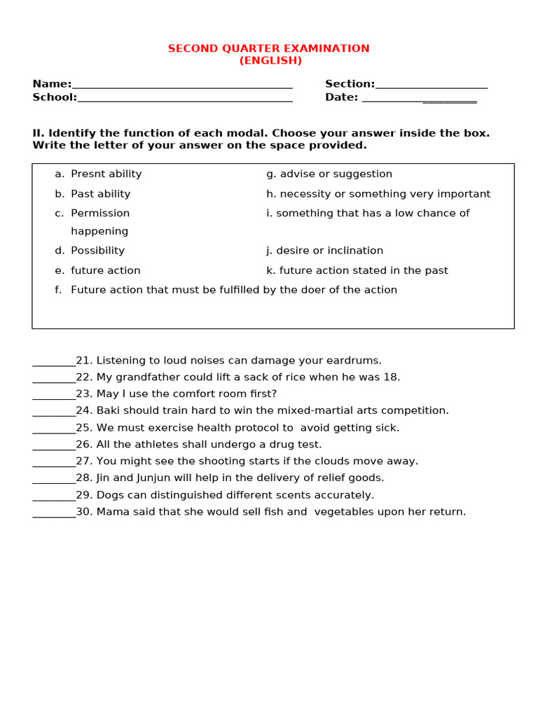 Modal Verbs Function Assessment | PDF