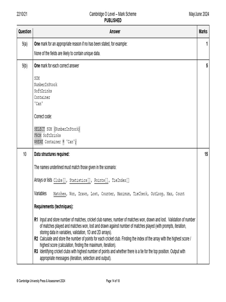 CS2210 May June 2024 Paper 2 Variant 1 Marking Scheme | PDF | Integer (Computer Science) | Iteration
