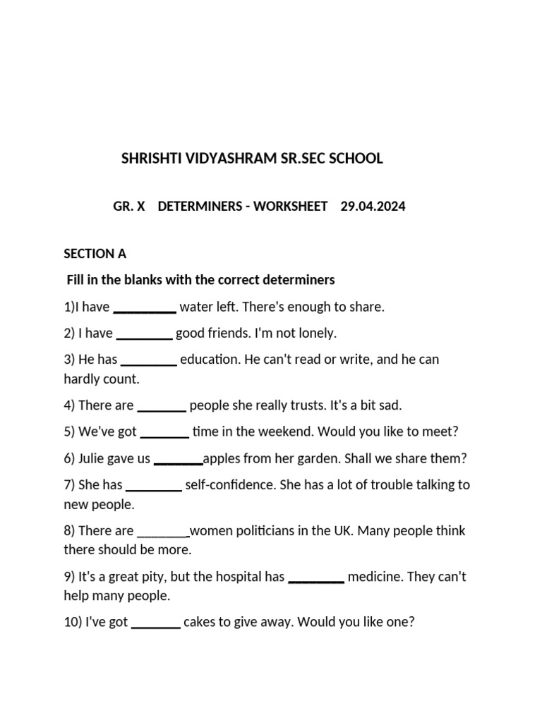 Grade 10 Determiners Worksheet | PDF