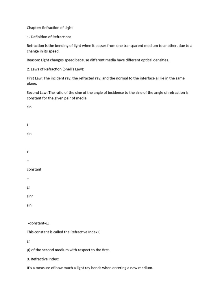 Refraction of Light Notes | PDF | Refraction | Refractive Index