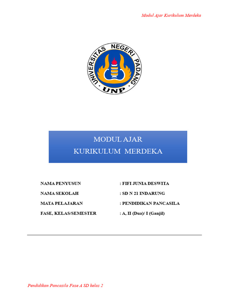 MODUL AJAR PKN KELAS 2 SD FIFI JUNIA DESWITA 22129151 | PDF