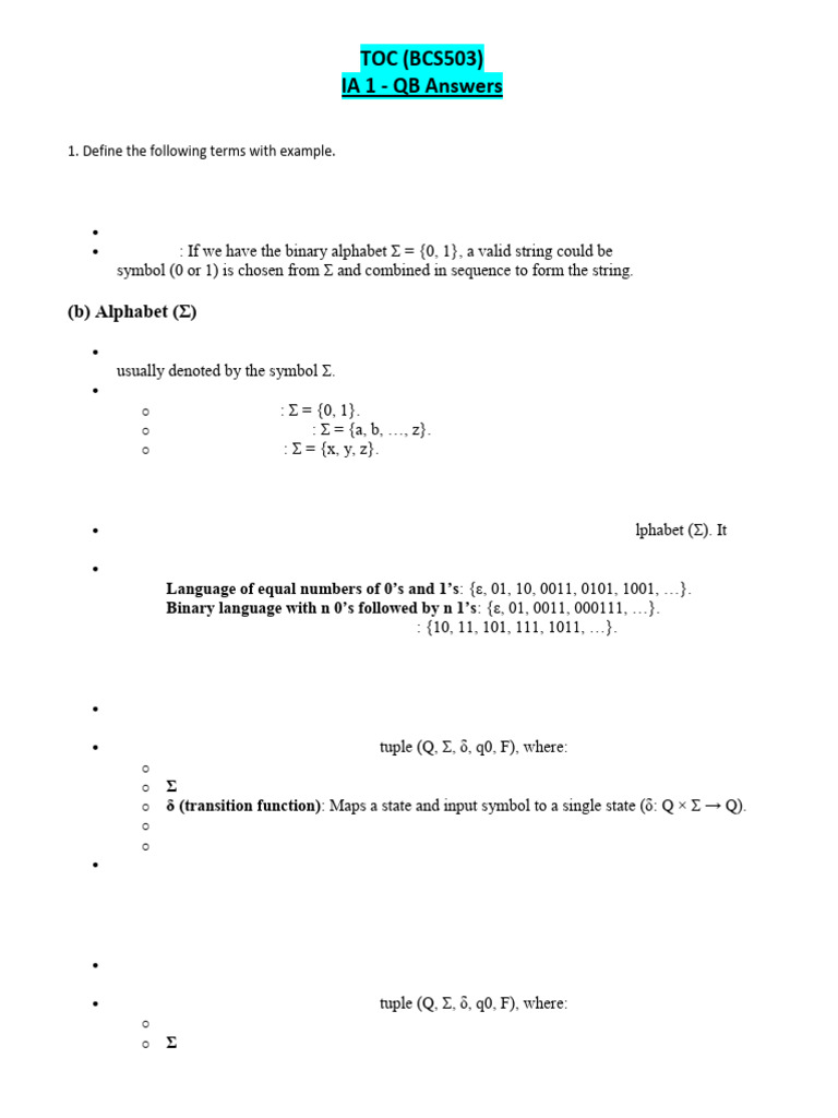 TOC IA 1 - QB Answers | PDF | Theory Of Computation | Models Of Computation
