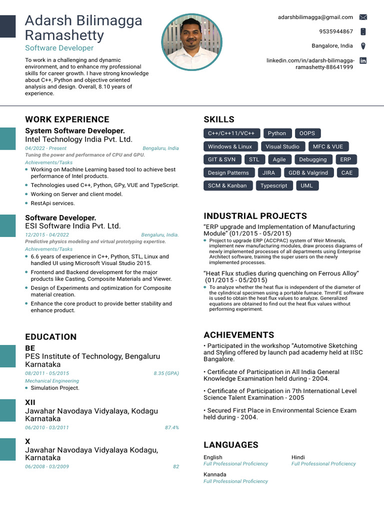 Software Developer Resume - Adarsh Bilimagga | PDF | Software ...