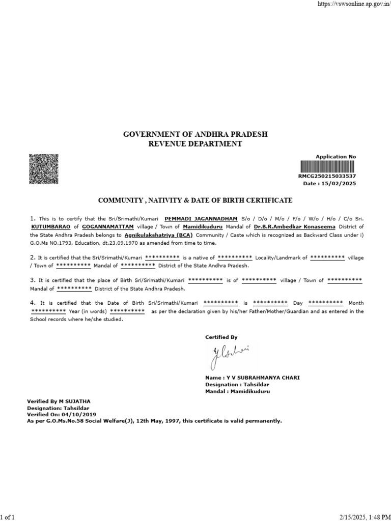 Andhra Pradesh Community Certificate | PDF | Government Of India