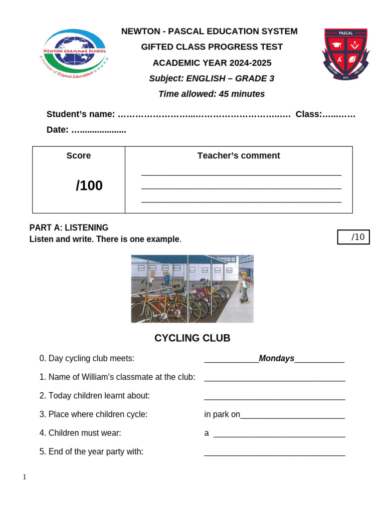 Grade 3 English Progress Test 2024-2025 | PDF | Restaurants | Octopus