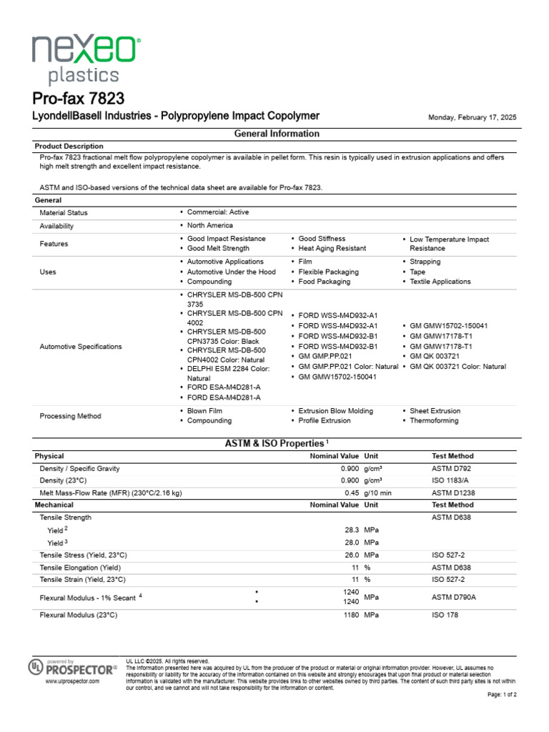 Pro-fax 7823 Polypropylene Overview | PDF | Yield (Engineering ...