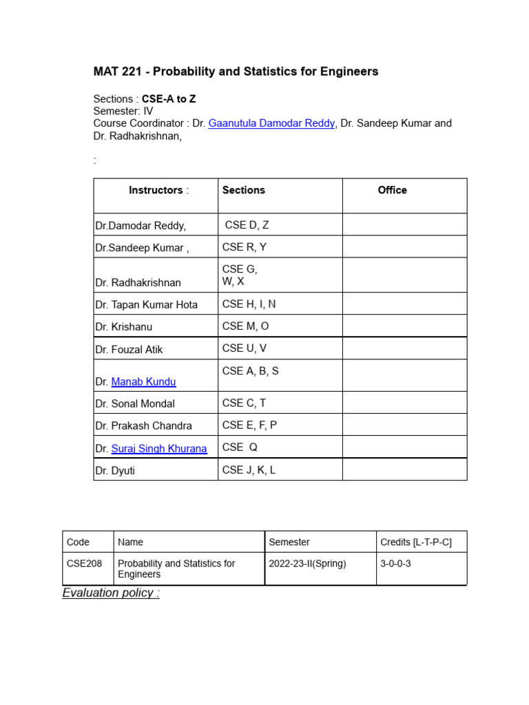 CSE A To Z-Evaluation Policy and Guidelines - CSE208 - Probability and ...