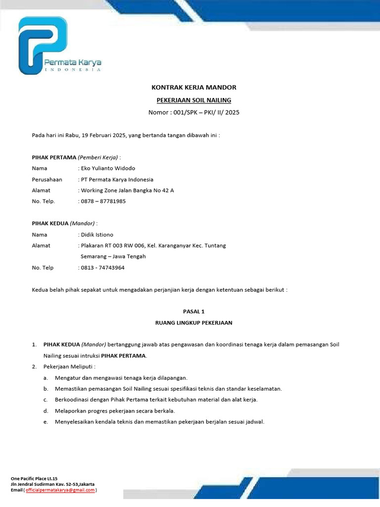 Kontrak Kerja Mandor - Didik Istiono | PDF