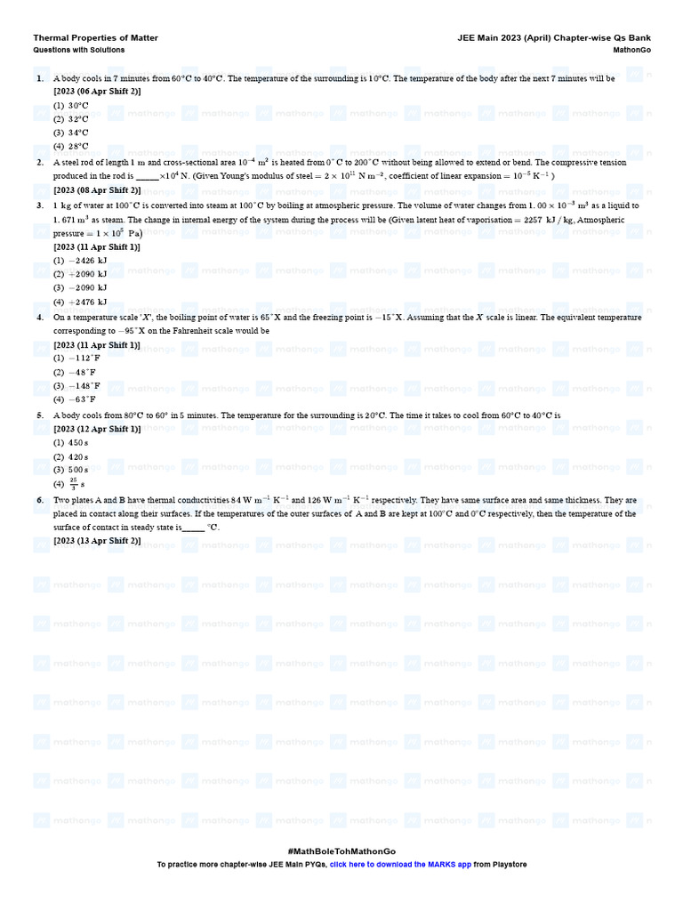 JEE Main 2023: Thermal Properties PYQs | PDF | Quantity | Thermodynamic ...