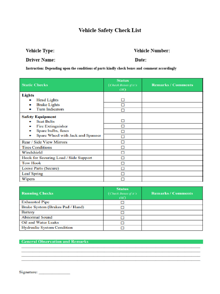 Vehicle Safety Check List | PDF