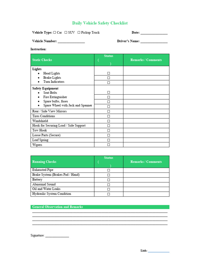 Daily Vehicle Safety Checklist | PDF | Brake | Vehicles