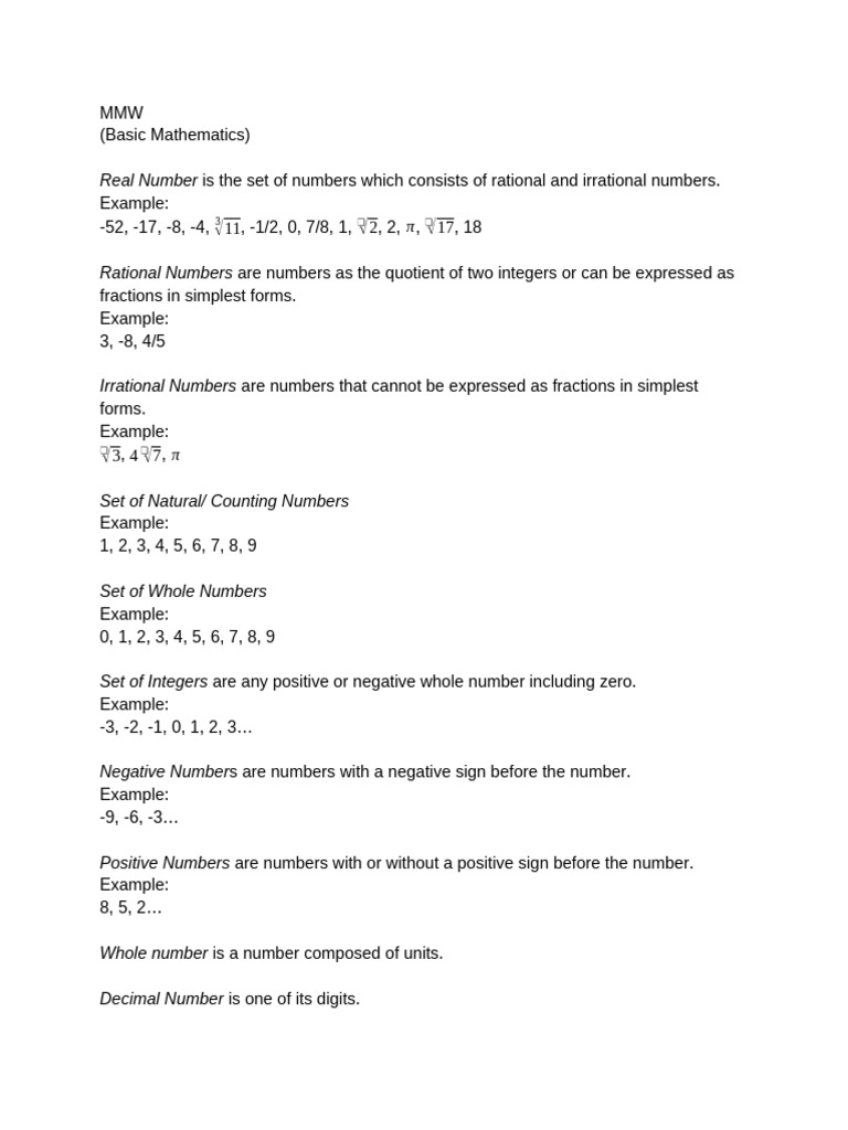 MMW Basic Maths | PDF | Numbers | Elementary Mathematics