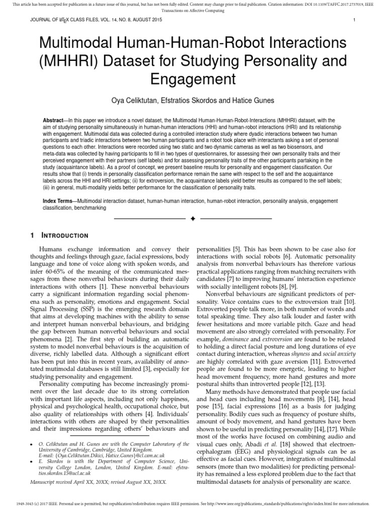 Taffc 2017 2737019 | PDF | Nonverbal Communication | Extraversion And ...