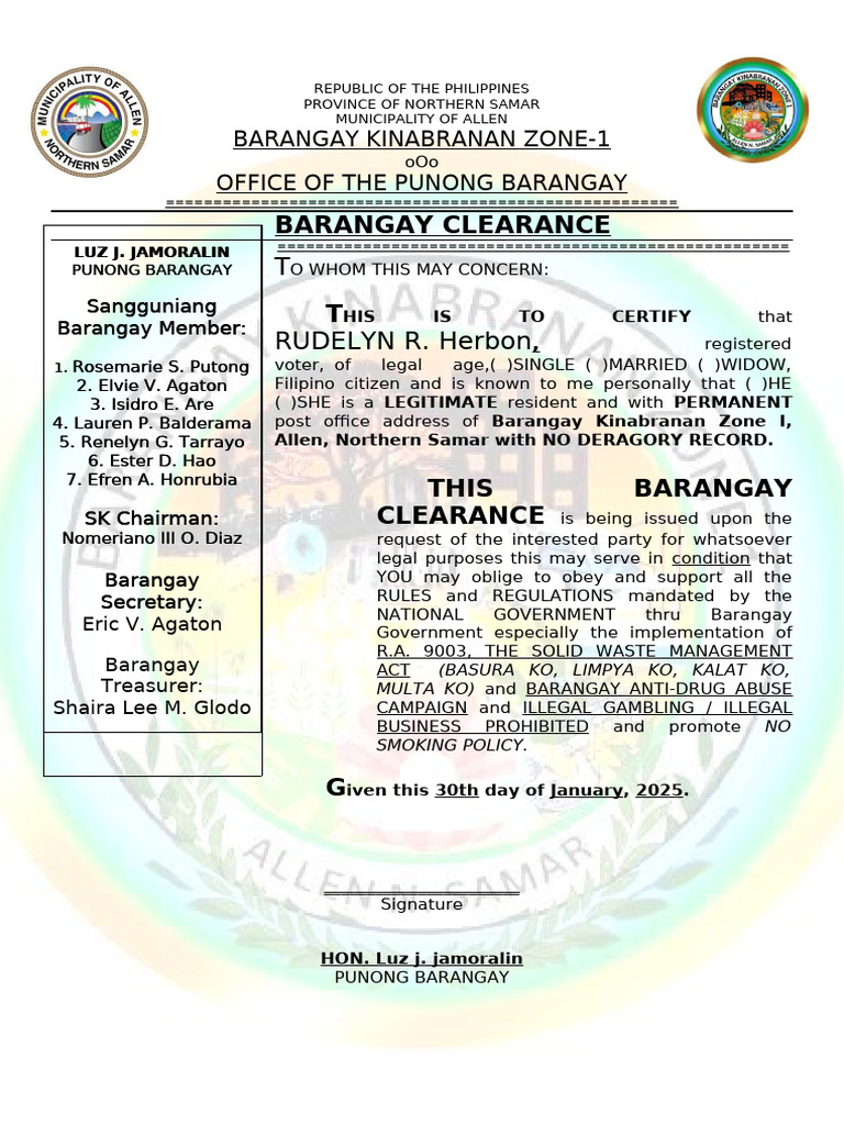 Barangay Clearance Format | PDF | Government