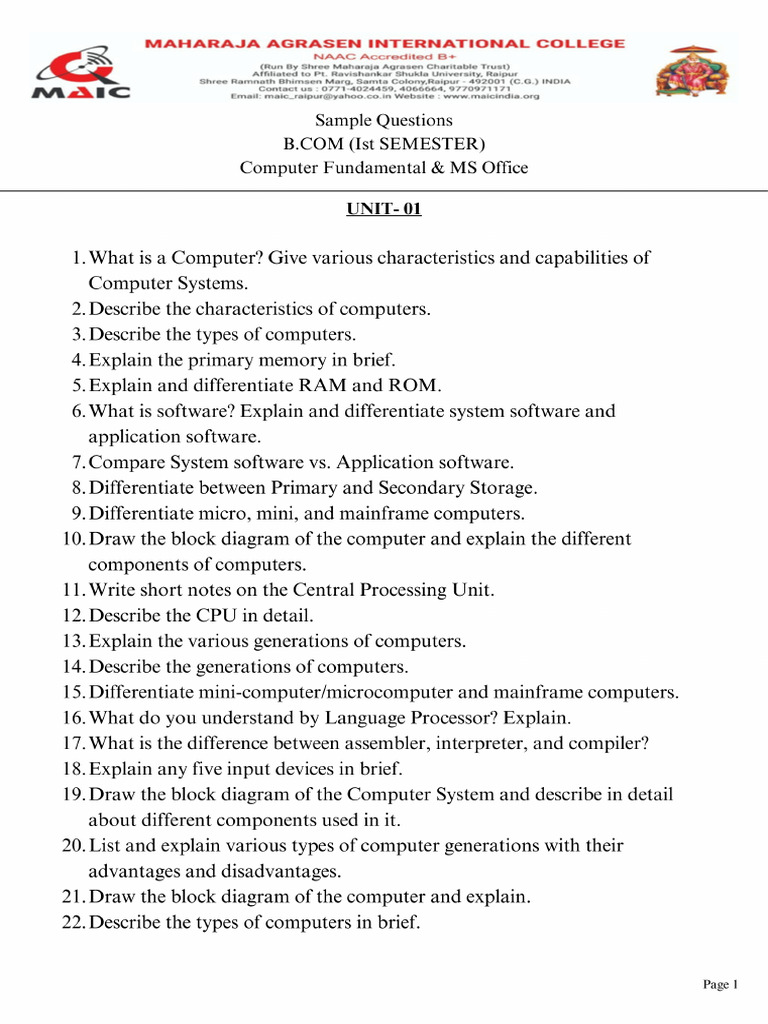 Sample Questions Computer Fundamental & MS Office | PDF