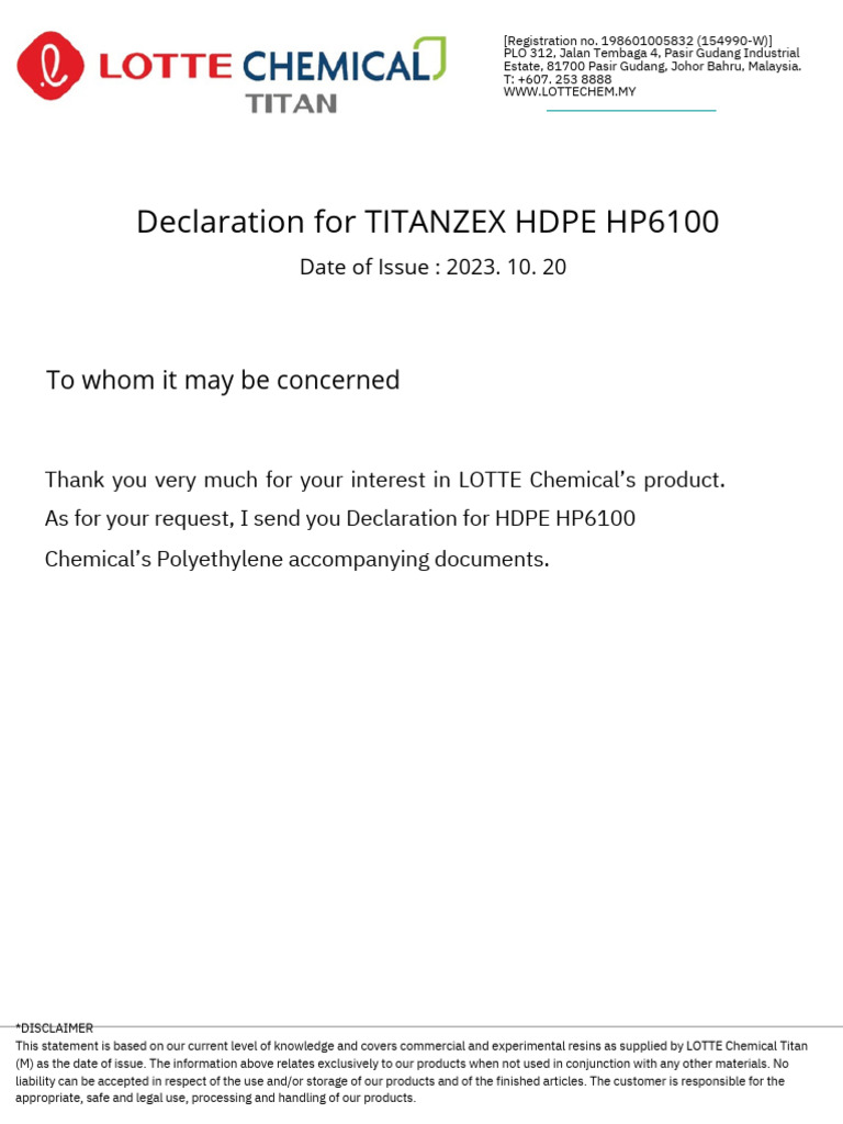 Declaration for HDPE HP6100 | PDF | Plastic | Amorphous Solid