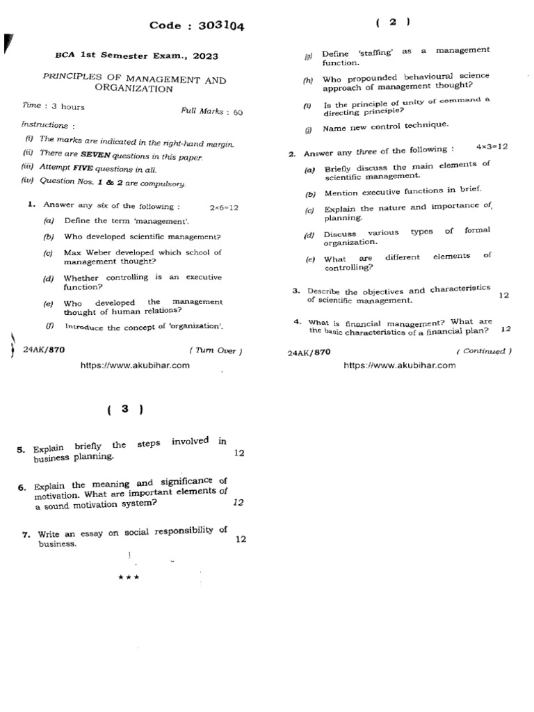 Bca 1 Sem Principles of Management and Organization 303104 2023 | PDF