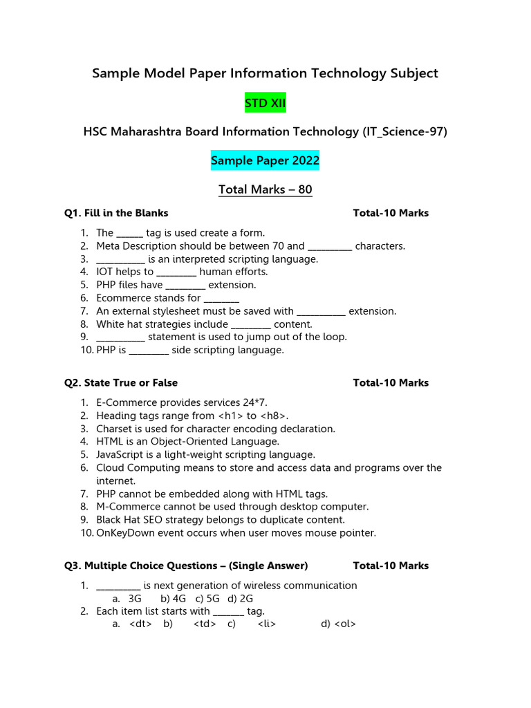 HSC Maharashtra IT Sample Paper 2022 | PDF | Html Element | Php