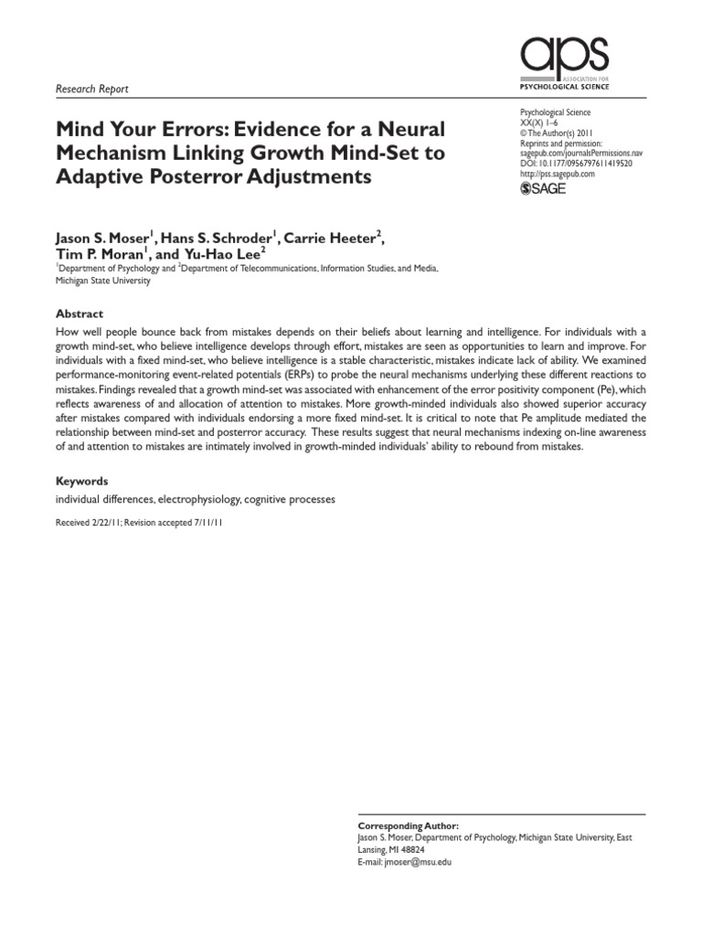 P - Mind Your Errors - Evidence For A Neural Mechanism Linking Growth Mind-Set To Adaptive ...