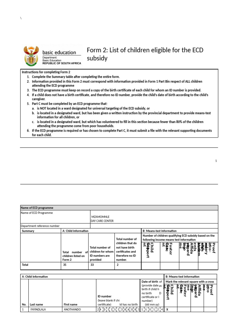 ECD subsidy GL FORMS 2 | PDF | Poverty | Poverty & Homelessness