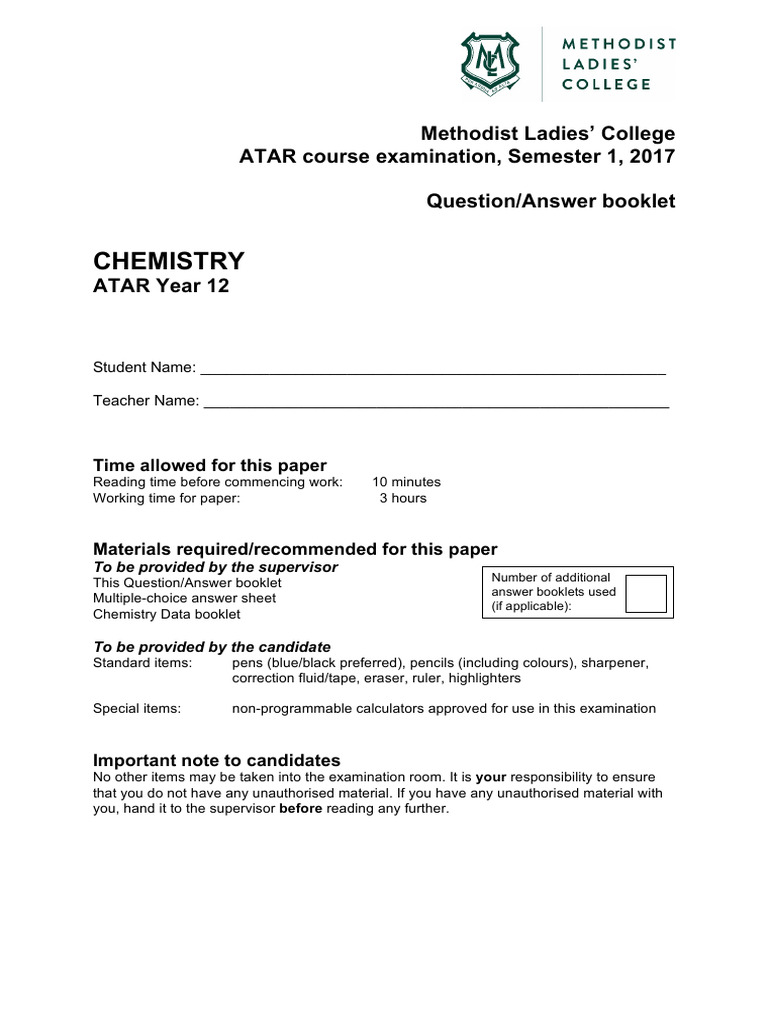 Chemistry: Methodist Ladies' College ATAR Course Examination, Semester ...