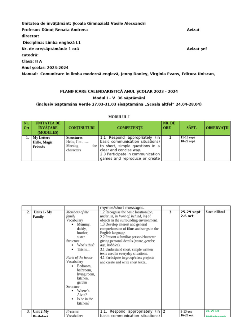 Planificare Clasa A II-a Uniscan 2023-2024 | PDF