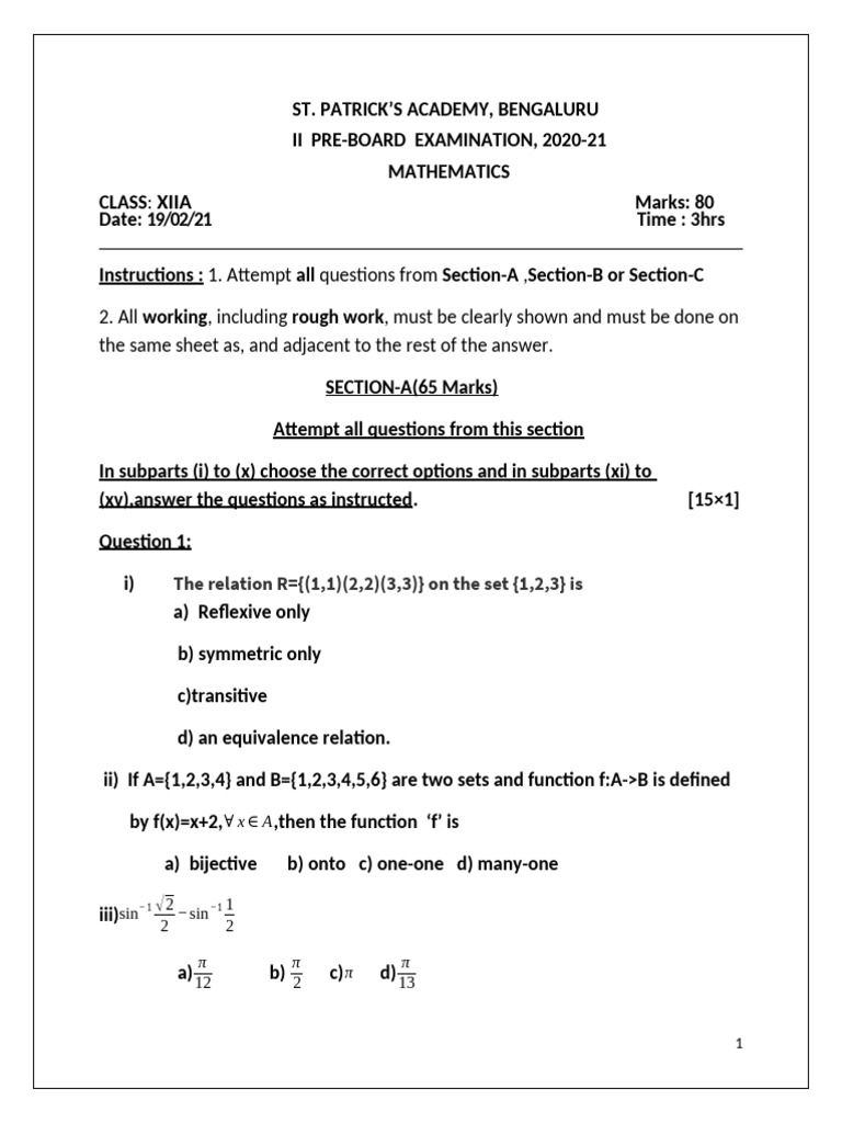 SECOND PREBOARD CLASS-XIIA MATHS.docx(2023-24) | PDF | Function (Mathematics) | Algebra