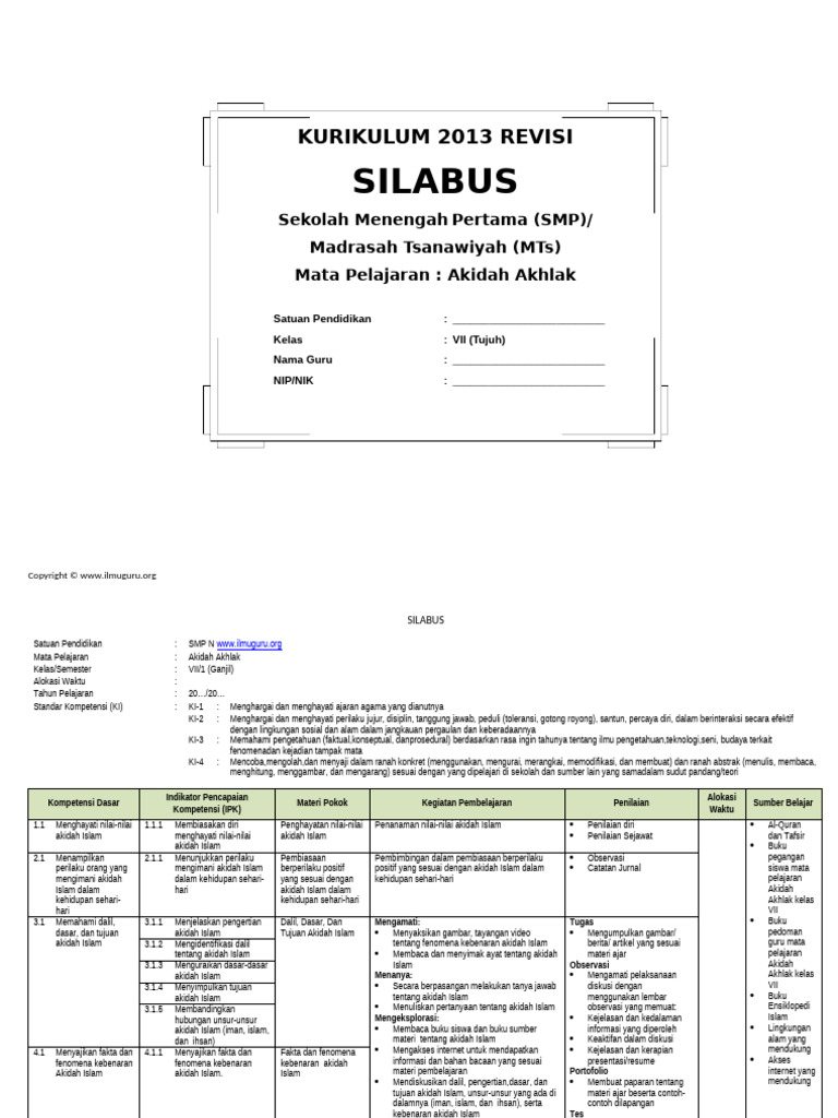 Ilmuguru - Org - Silabus VII Akidah Akhlak (7 Kolom) | PDF