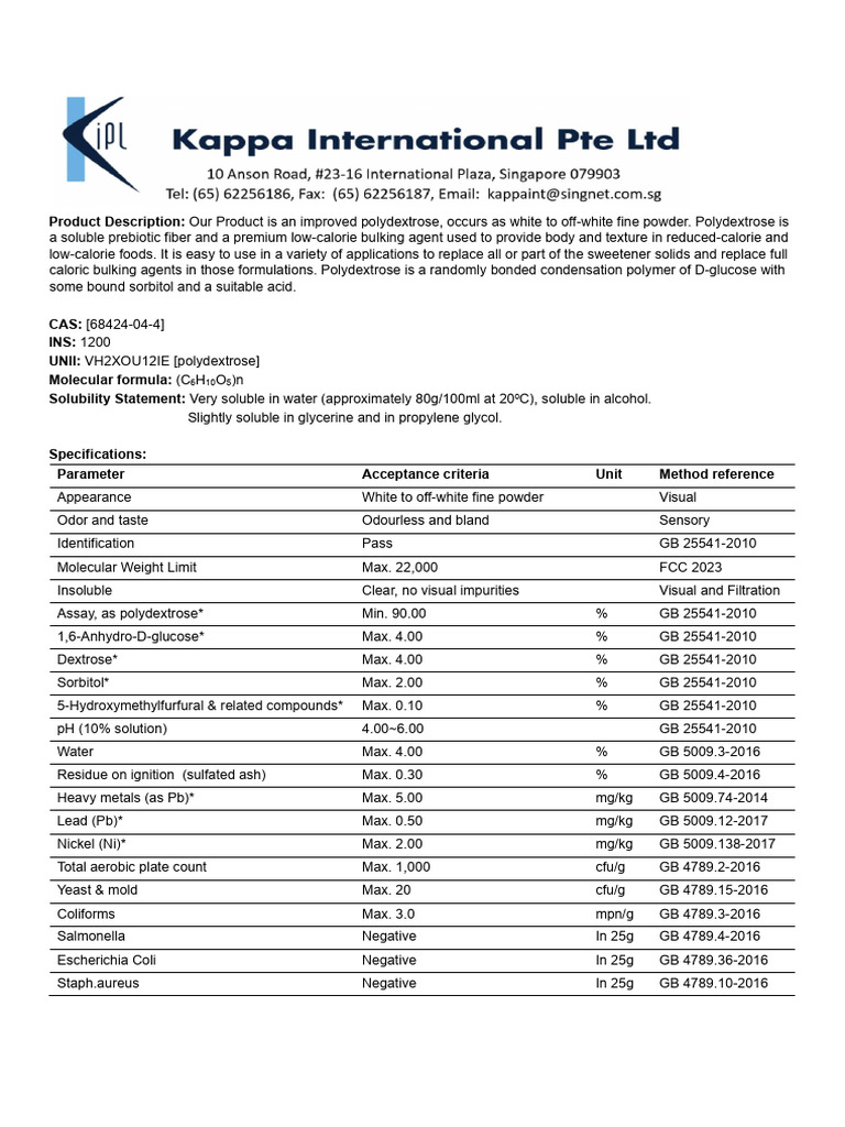 Polydextrose Specification | PDF | Solubility | Lead