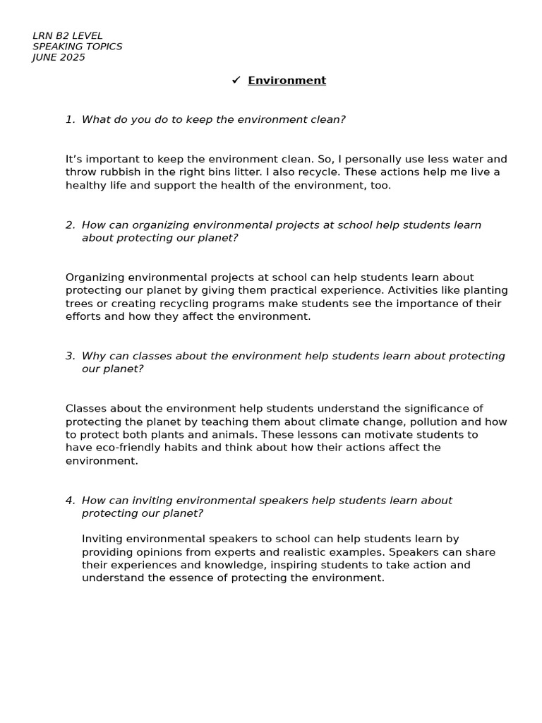 B2 Level Speaking on Environment Topics | PDF