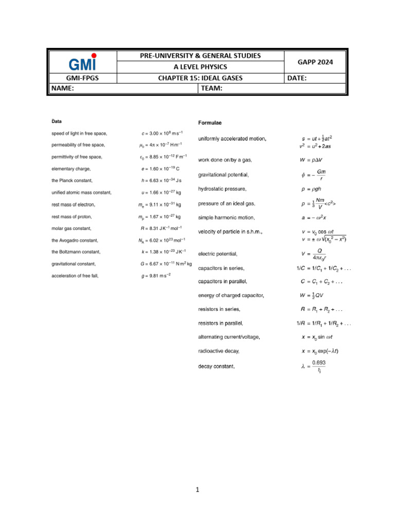 A Level Physics: Ideal Gases Quiz | PDF