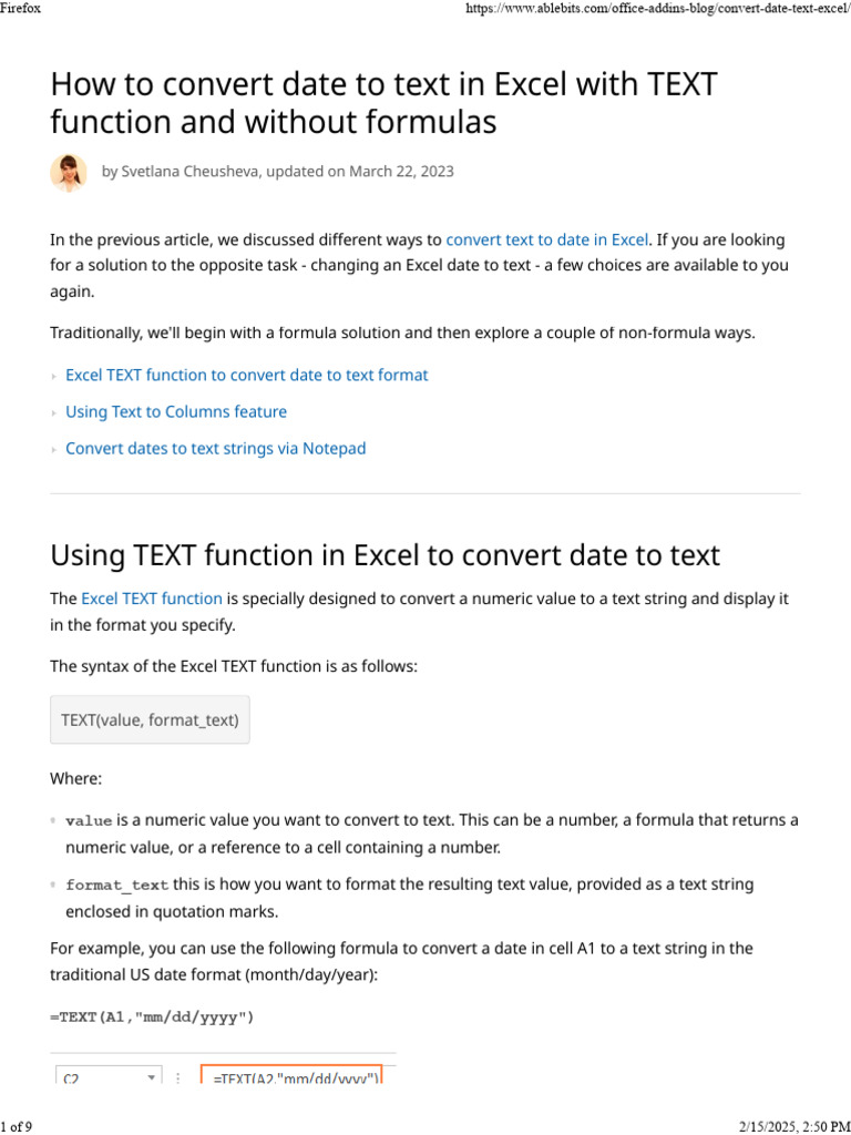 Convert Date to Text in Excel - TEXT Function and No-Formula Ways | PDF ...