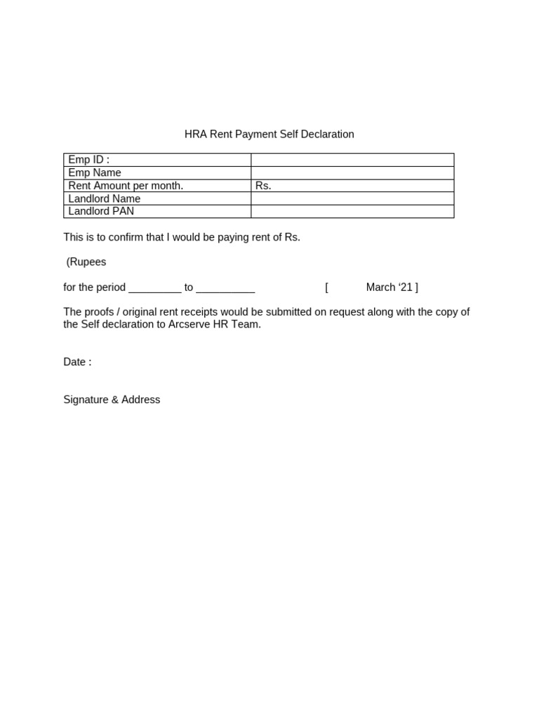 HRA Rent Payment Declaration Form | PDF