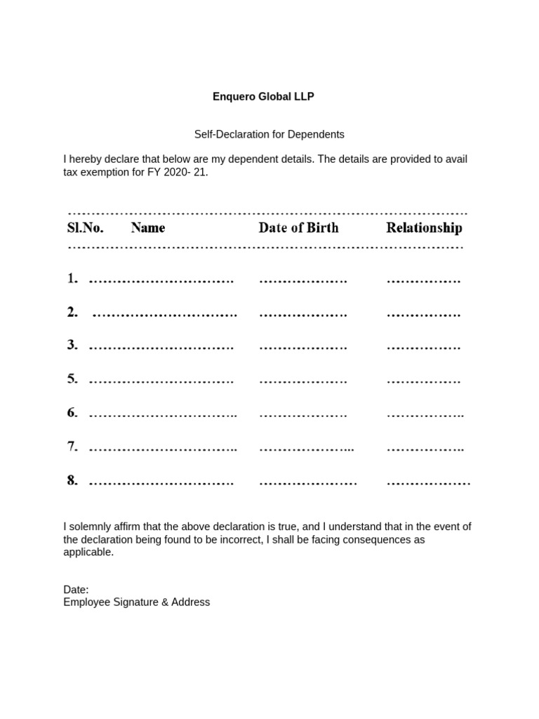 Self Declaration -Dependents | PDF