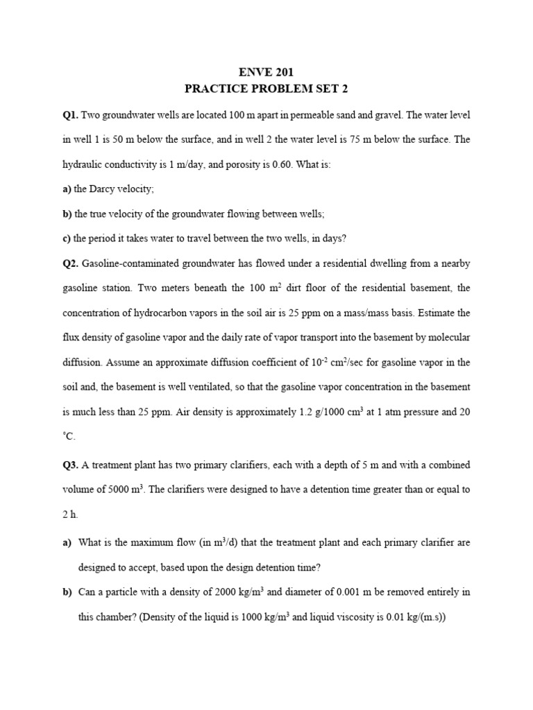 ENVE 201 - 2022 2023 - Practice Problem Set 2 | PDF