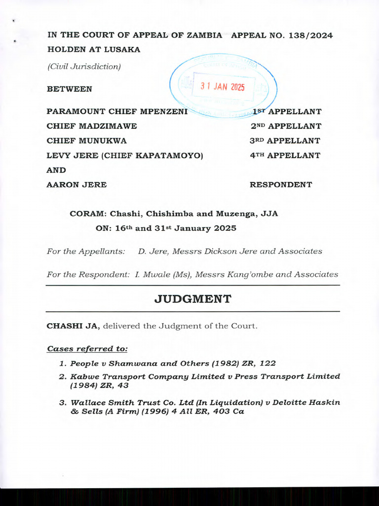 PARAMOUNT CHIEF MPENZENI ORS V AARON JERE 2025 ZMCA 8 (31 January 2025 ...