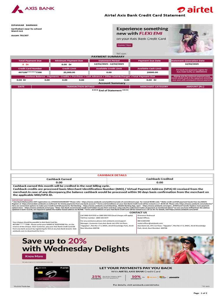 Axis Credit Card Statement | PDF | Credit Card | Payments