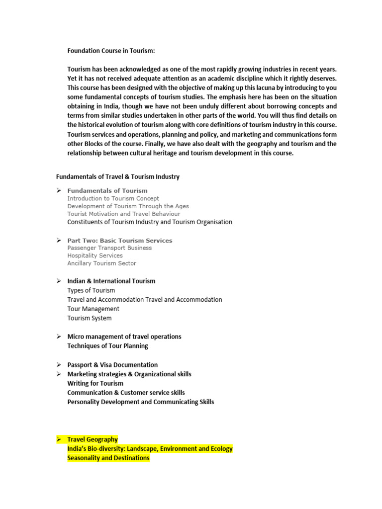 Foundation Course in Tourism | PDF
