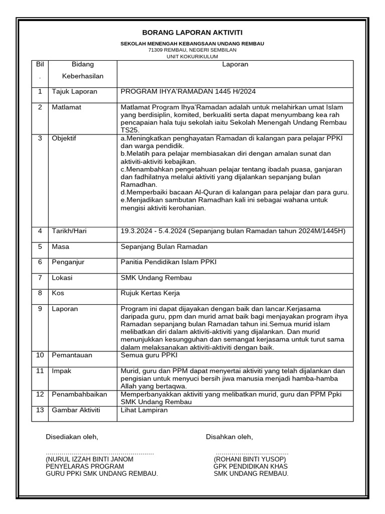 BORANG LAPORAN AKTIVITI Ihya 2024 2 | PDF