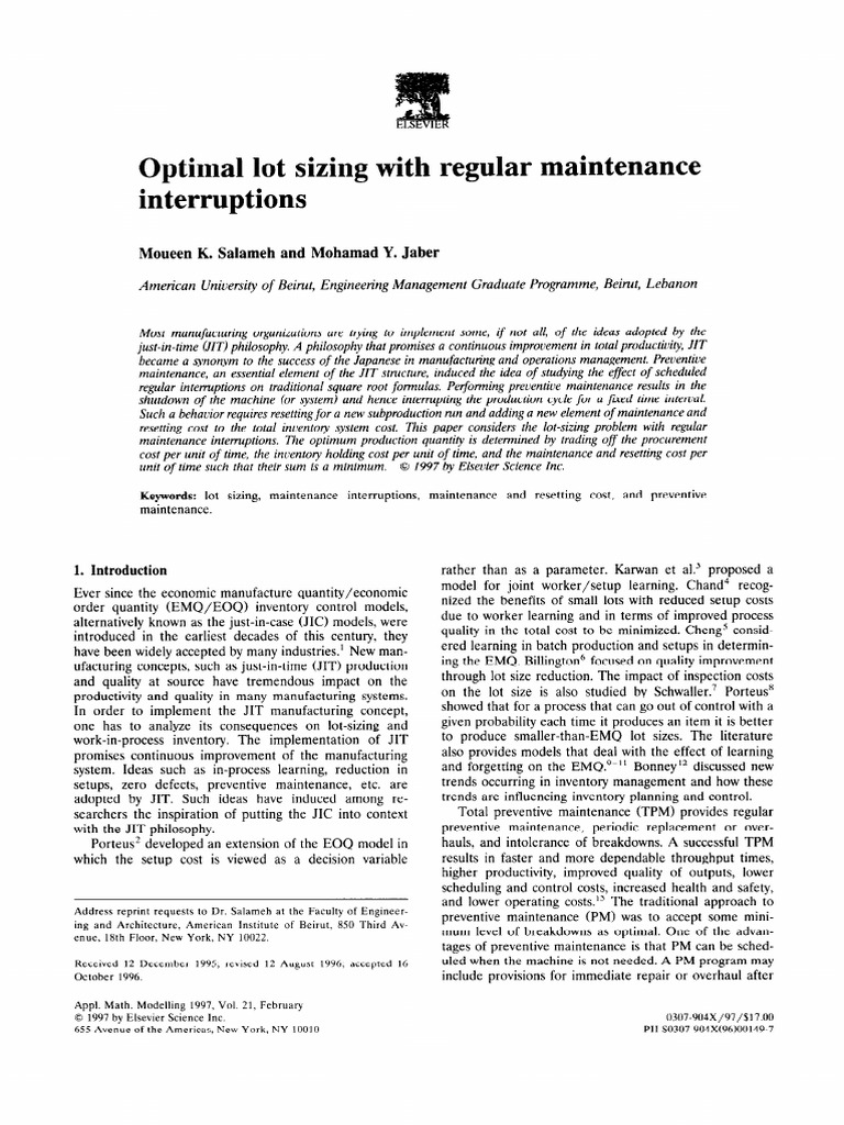 Optimal Lot Sizing with Maintenance | PDF | Management Accounting ...